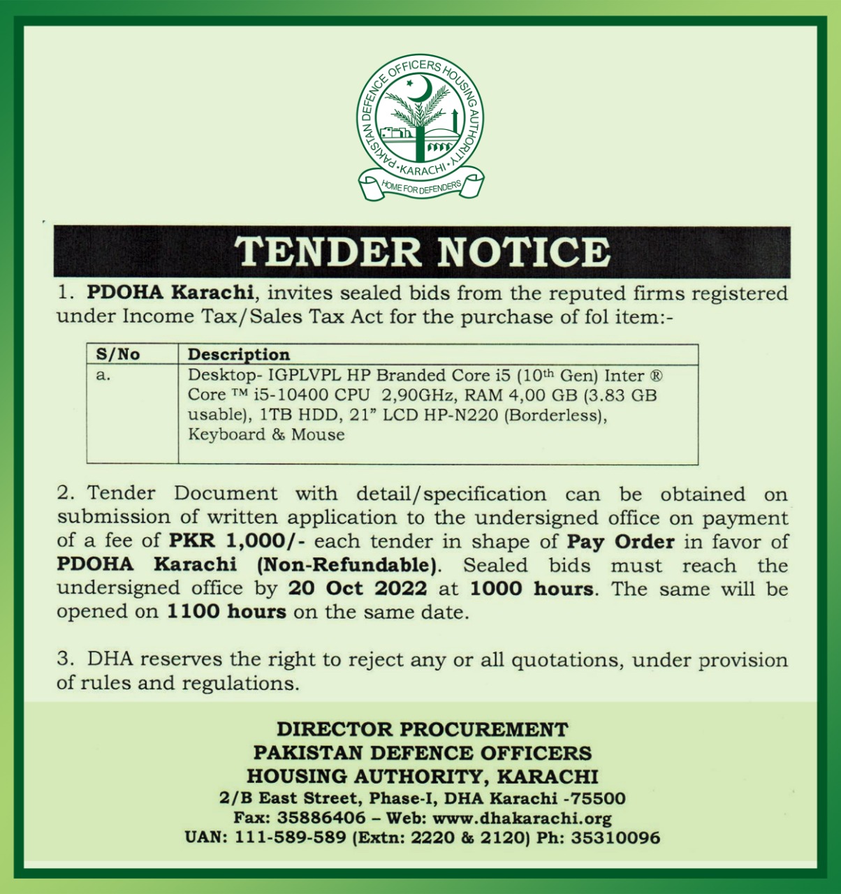 Tender Notice – Computer System – DHA City Karachi