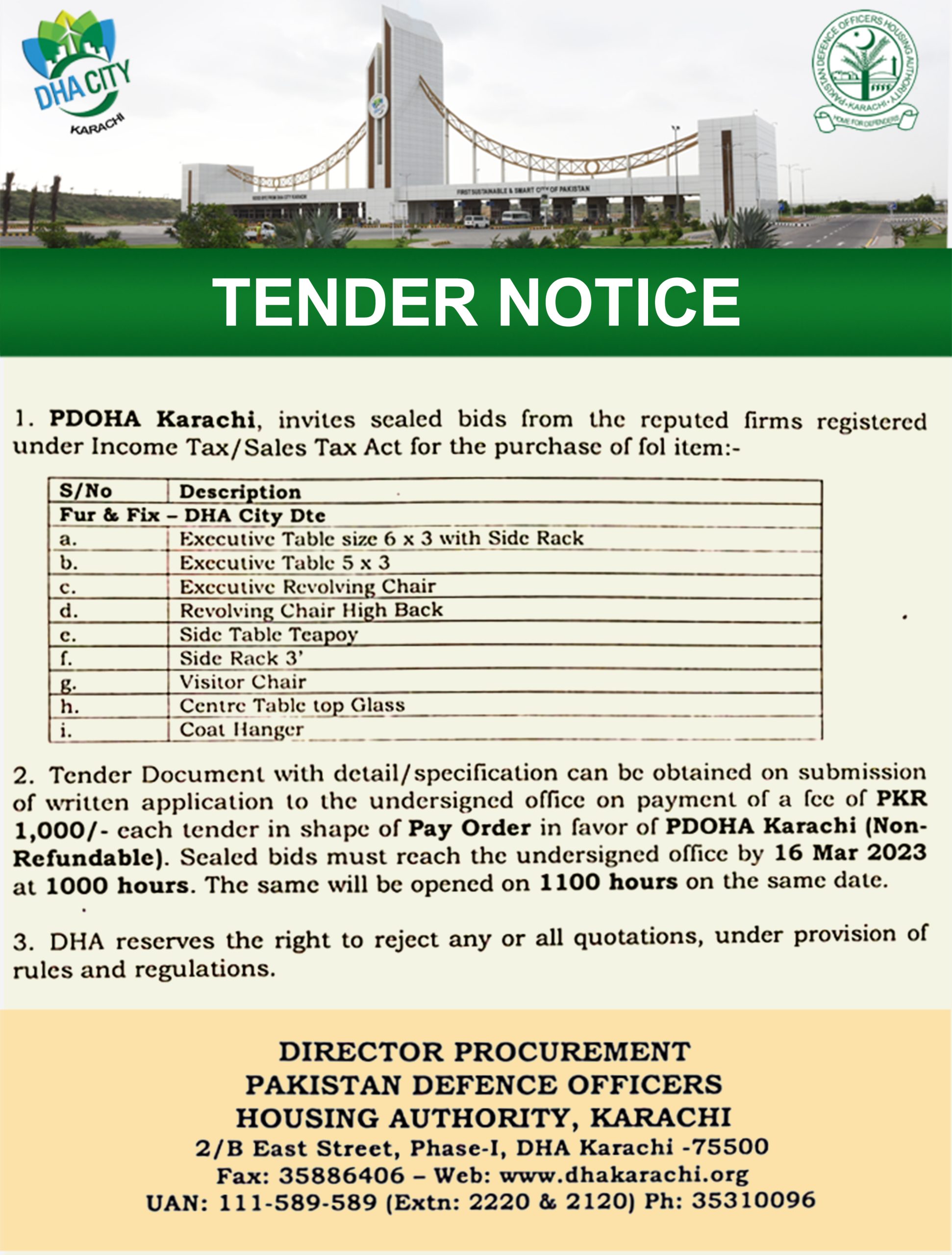 Tender Notice – Furniture & Fixture – DHA City Karachi