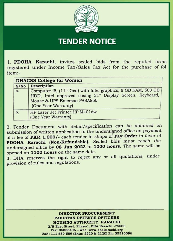 Tender Notice – Computer and Jet Printer – DHA City Karachi