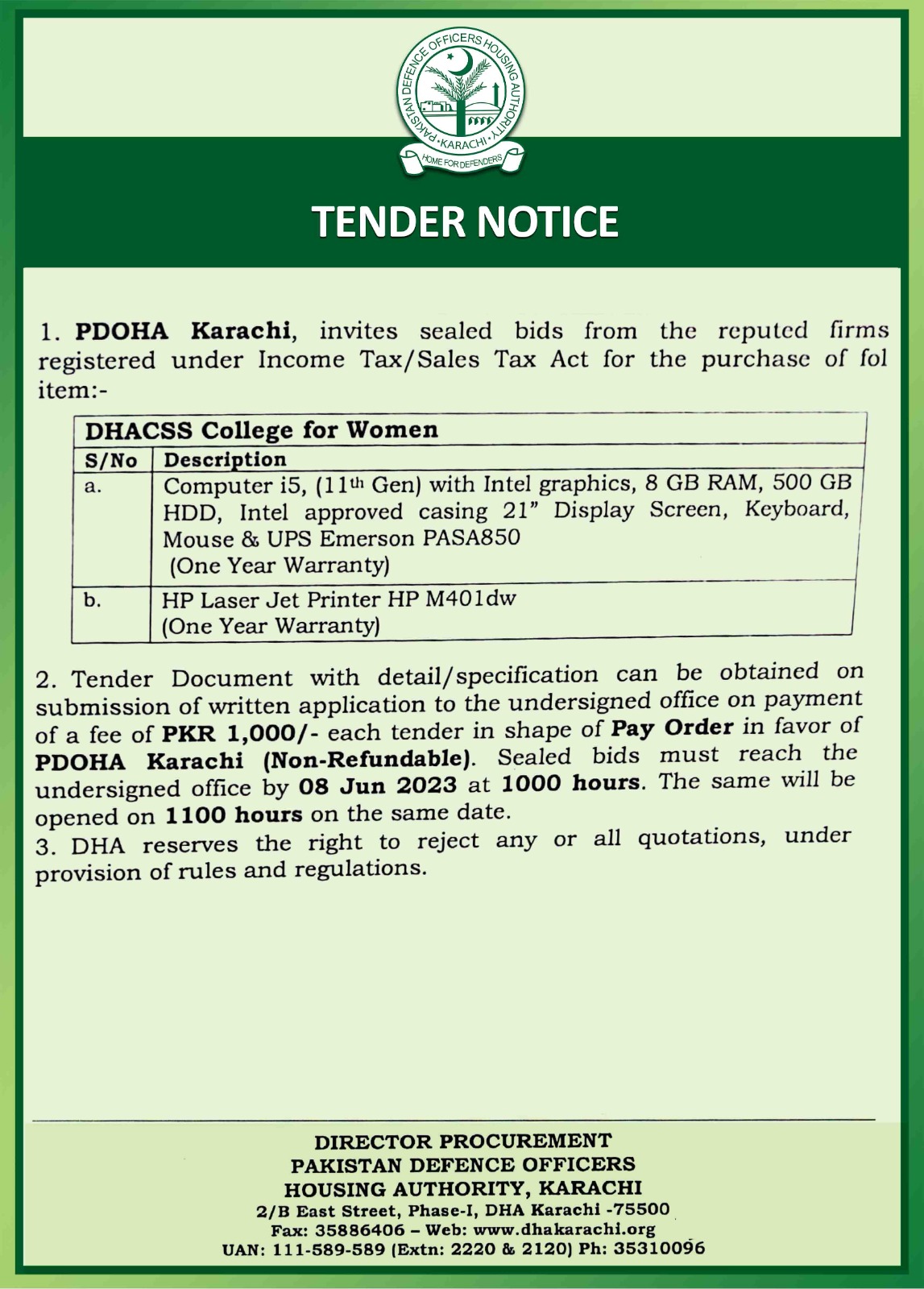 Tender Notice – Computer and Jet Printer – DHA City Karachi