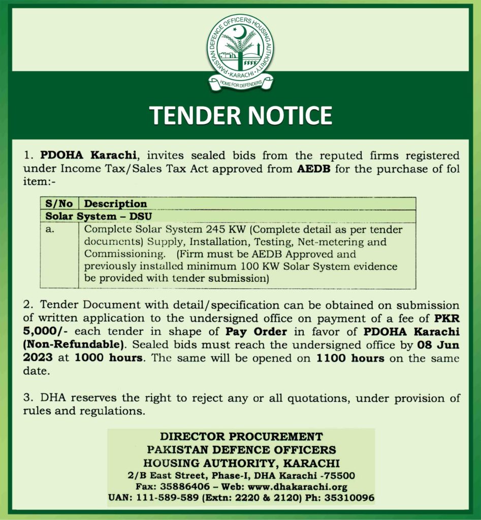 Tender Notice – Solar System – DHA City Karachi