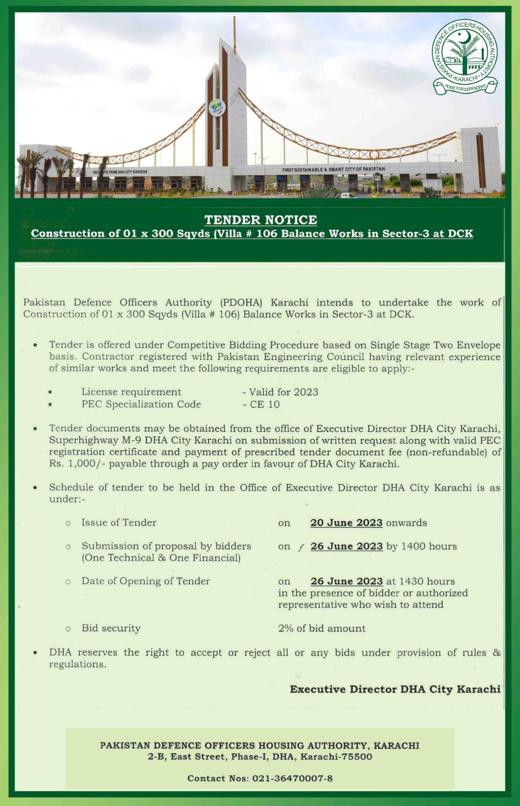 Tender Notice – Construction of Villa # 106 Balance Works in Sector 3 ...