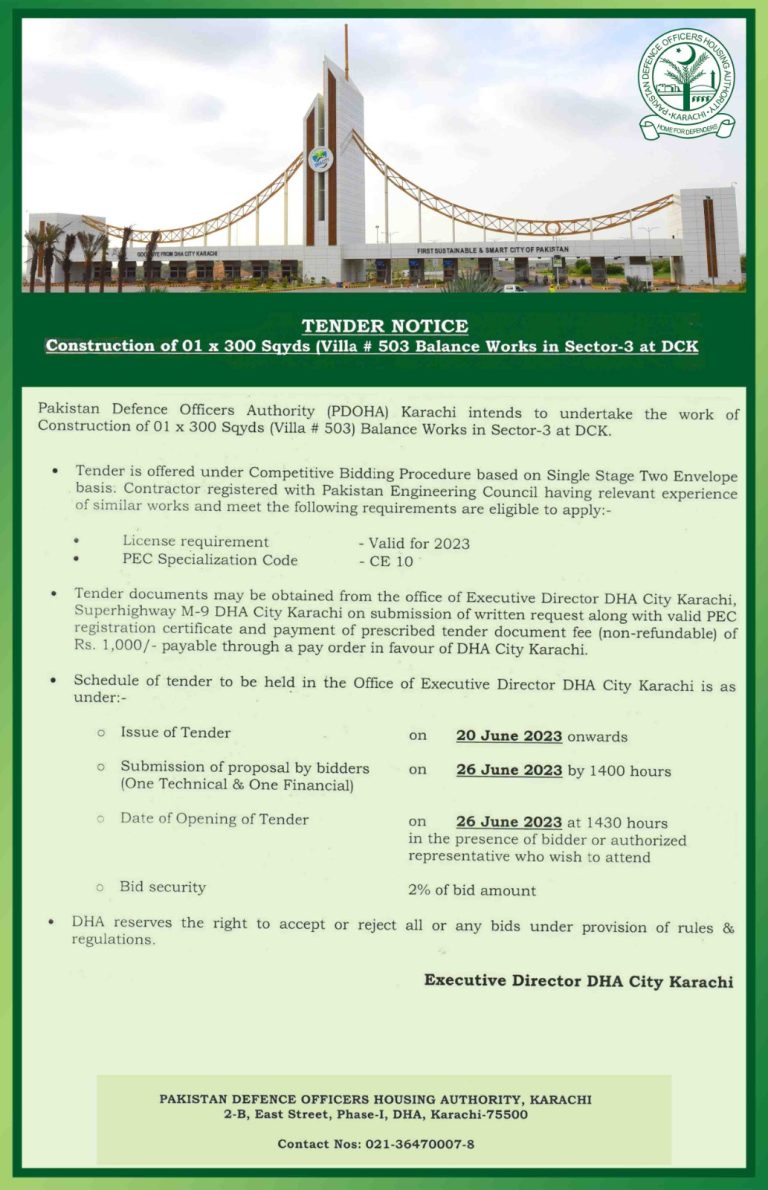 Tender Notice – Construction of Villa # 503 Balance Works in Sector 3 ...