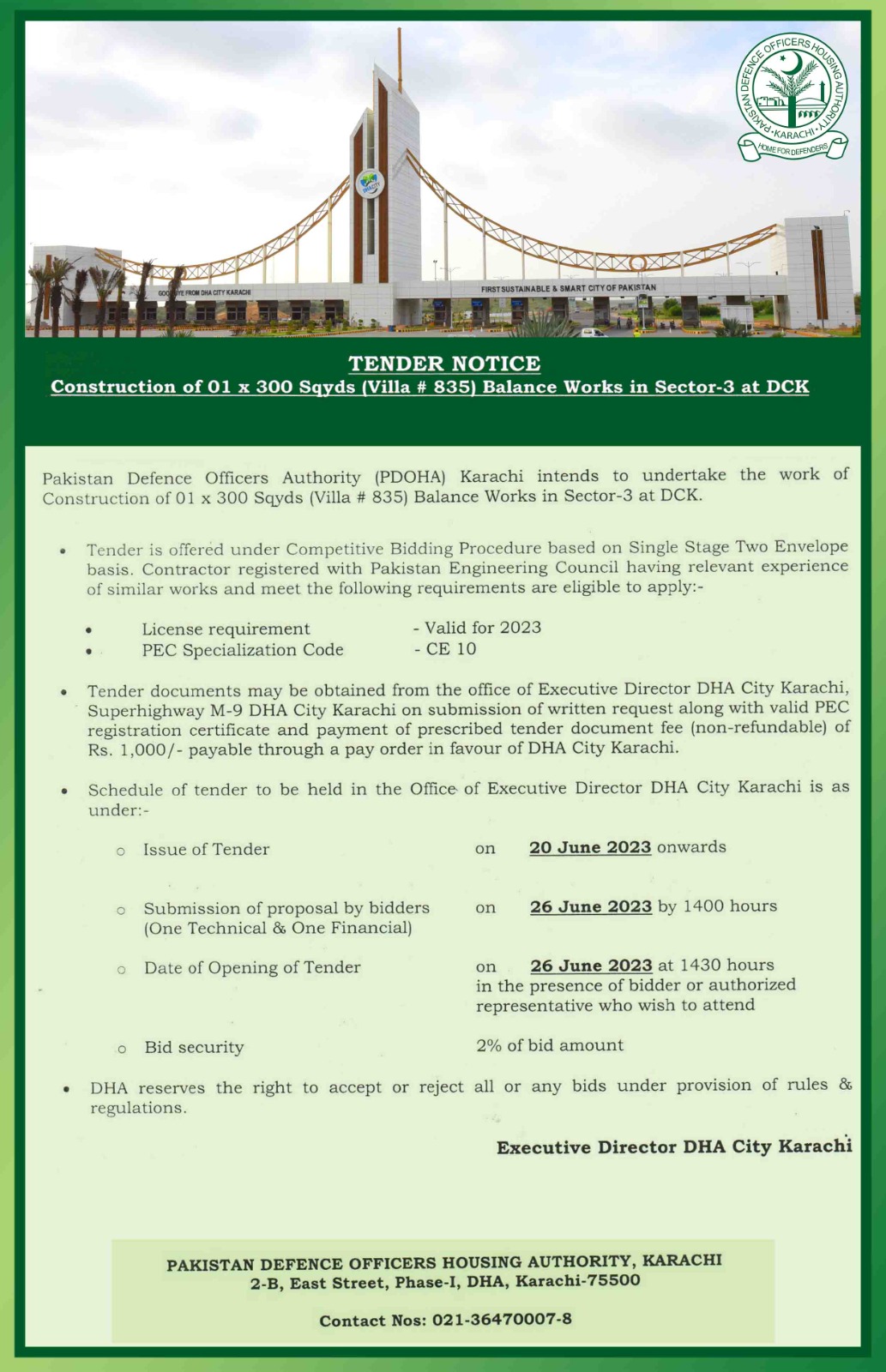 Tender Notice – Construction of Villa # 835 Balance Works in Sector 3 ...