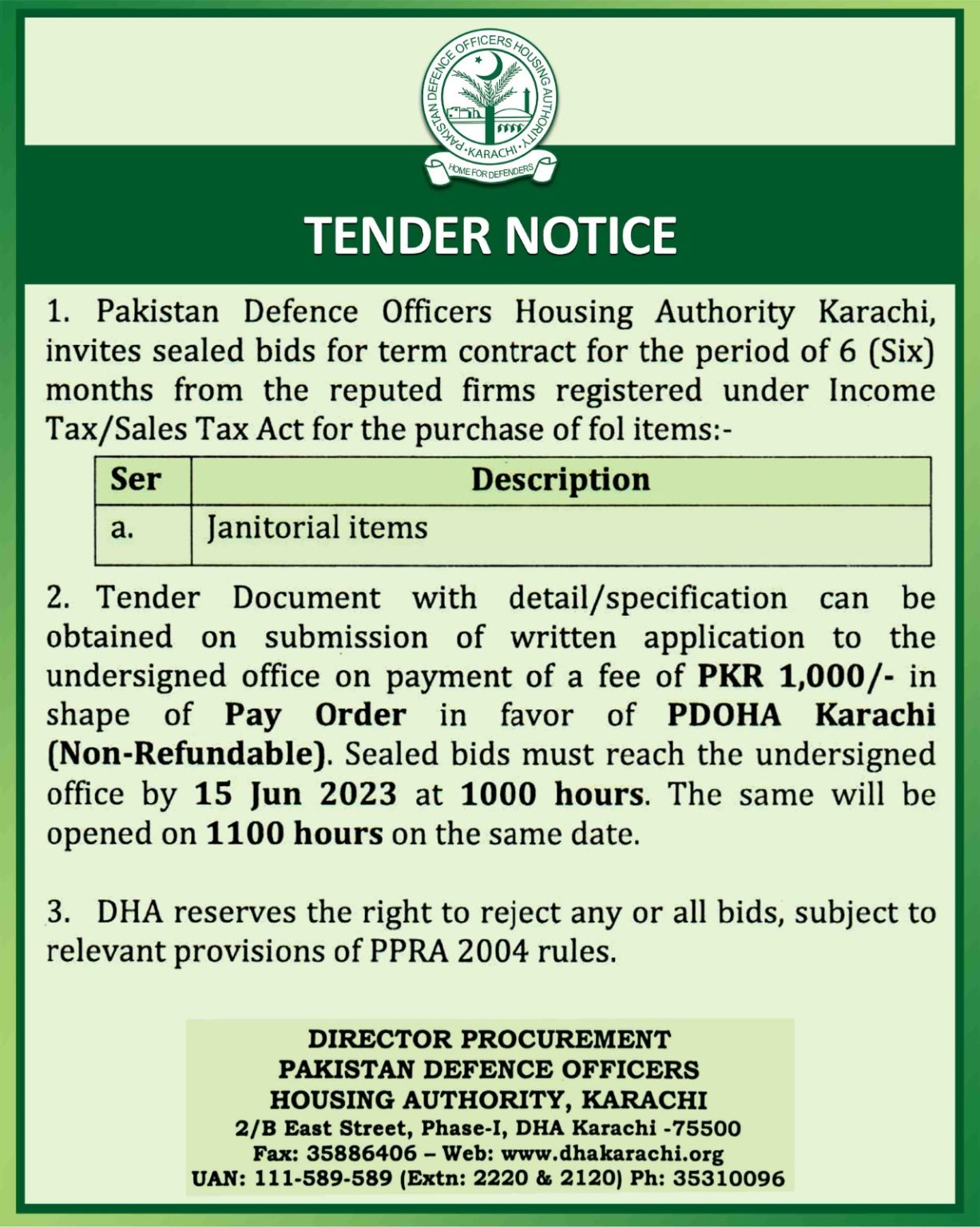 Tender Notice – Janitorial Items – DHA City Karachi