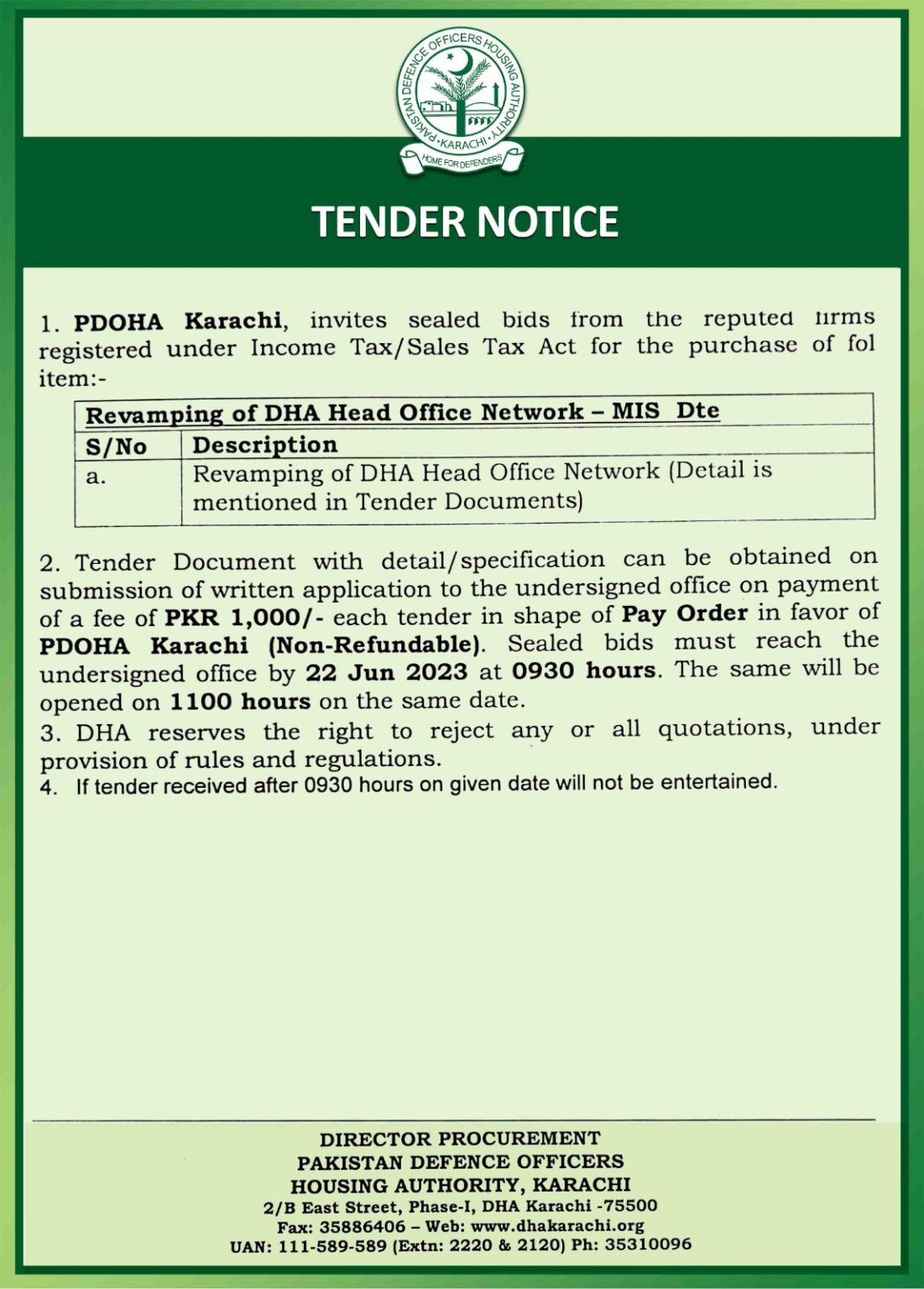 Tender Notice – Revamping of DHA Head Office Network – DHA City Karachi