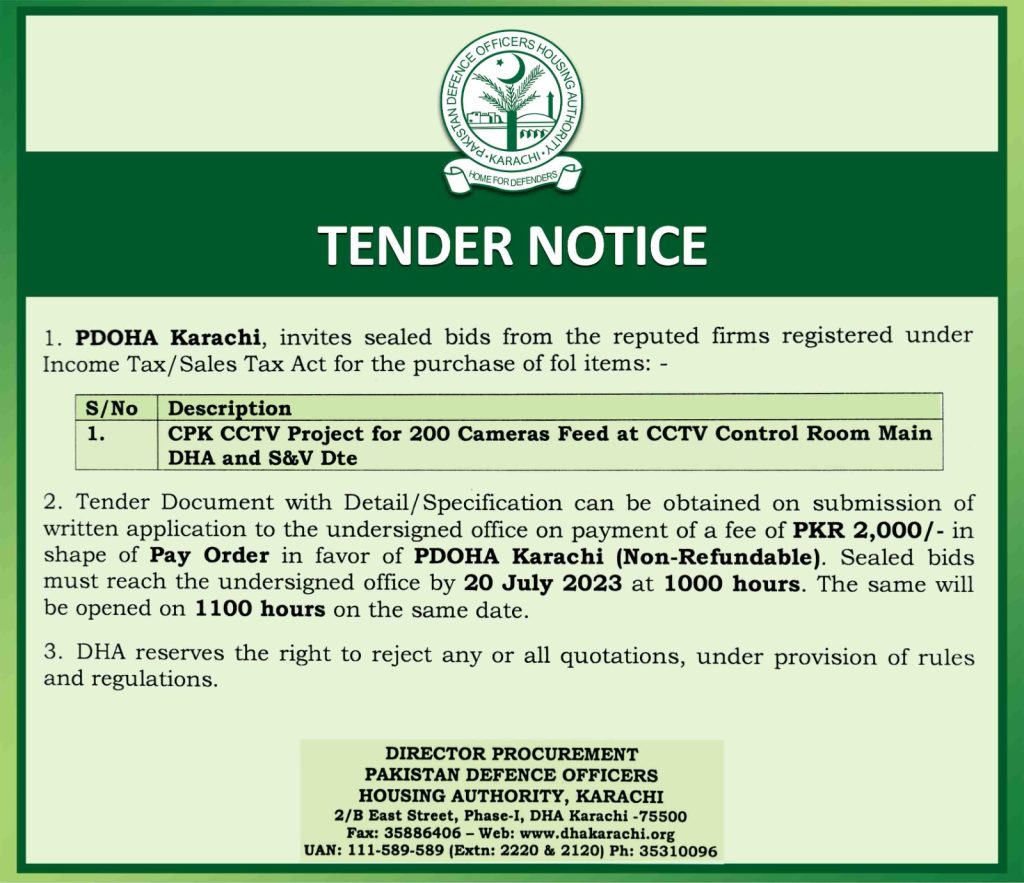 Tender Notice – 200 Cameras Feed at CCTV Control Room – DHA City Karachi