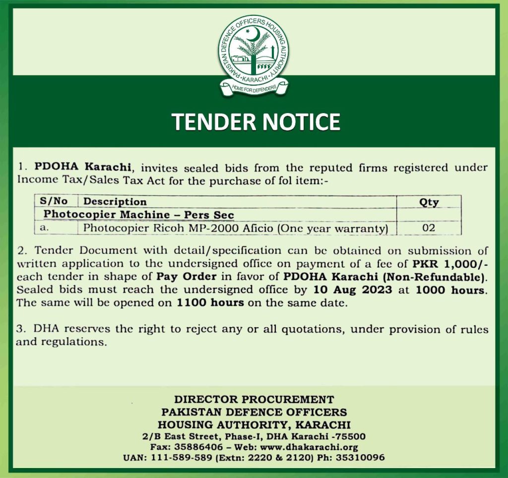 Tender Notice – Photocopier Machine – DHA City Karachi