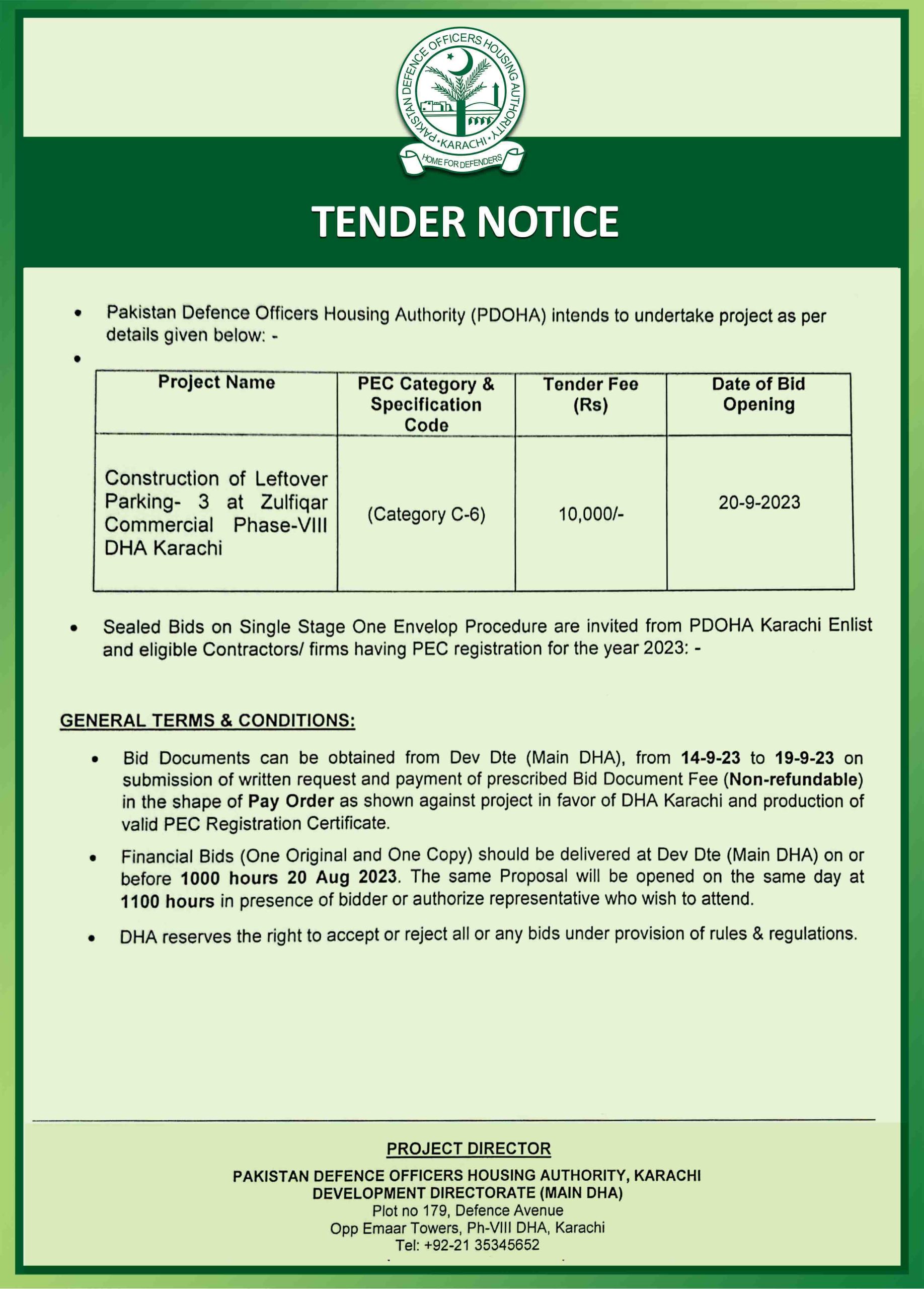 Tender Notice – Construction of Leftover Parking 3 at Zulfiqar ...