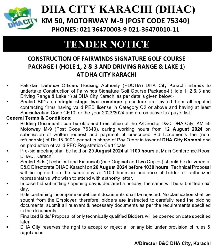 Tender Notice – Construction of Fairwinds Signature Golf Course Package ...