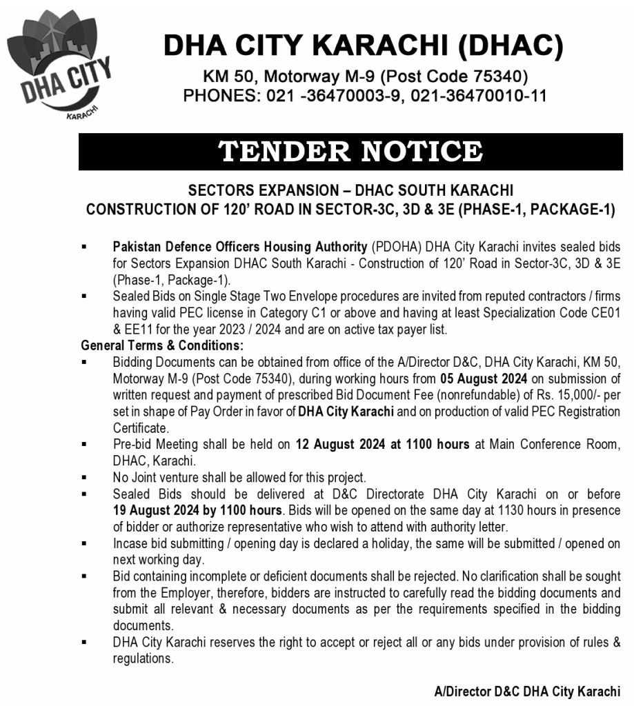 Tender Notice – Construction of 120′ Road in Sector-3C, 3D & 3E (Phase-1, Package-1) – DHA City ...