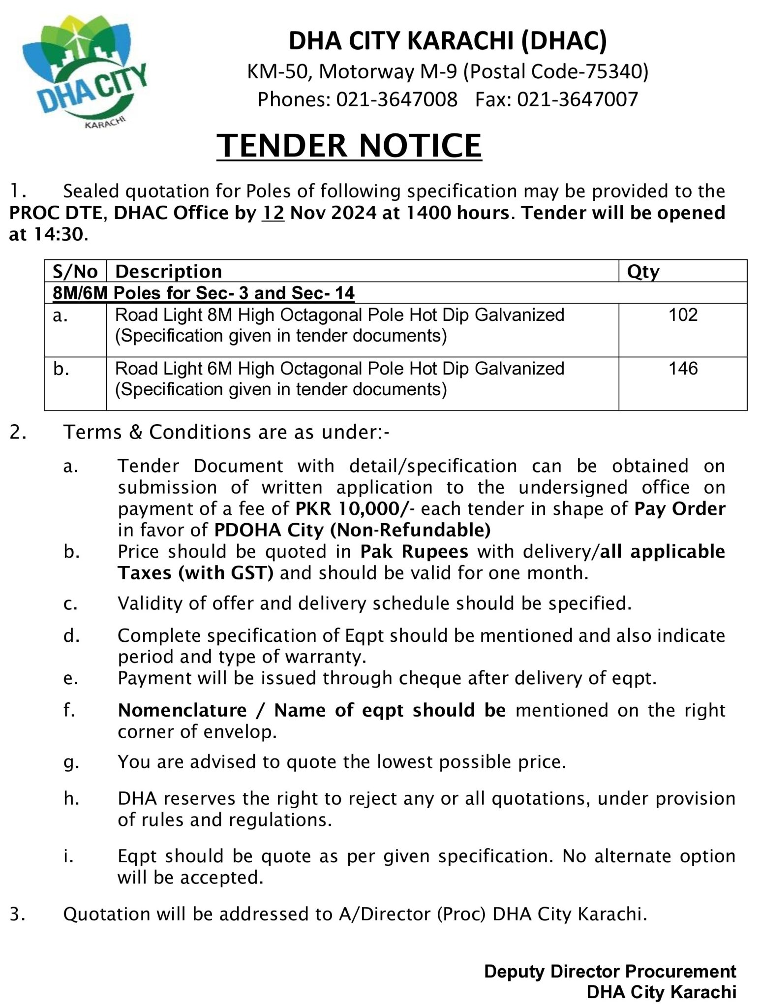 Tender Notice – Purchase of 8M/6M Road Light Poles – DHA City Karachi