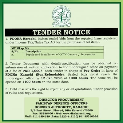 Tender Notice – Supply and Installationof CCTV Camera – DHA City Karachi