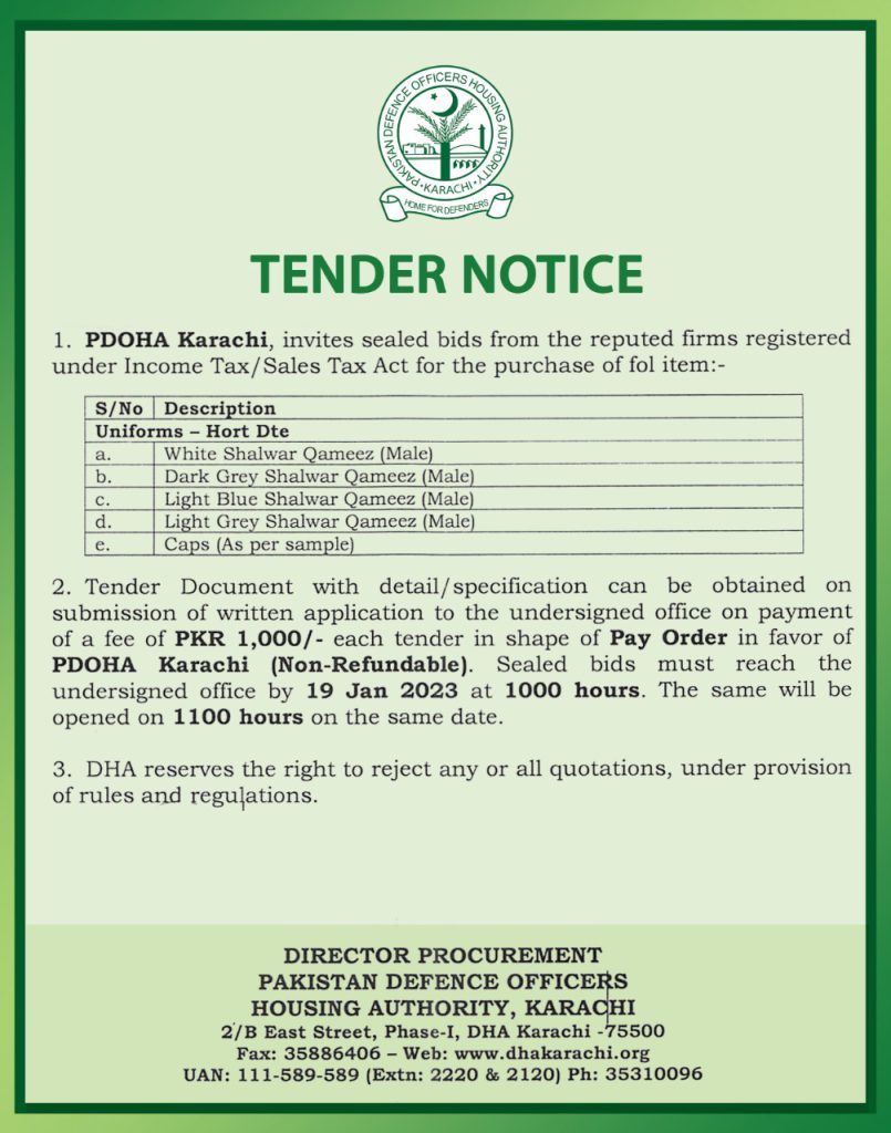 Tender Notice – Uniforms – DHA City Karachi